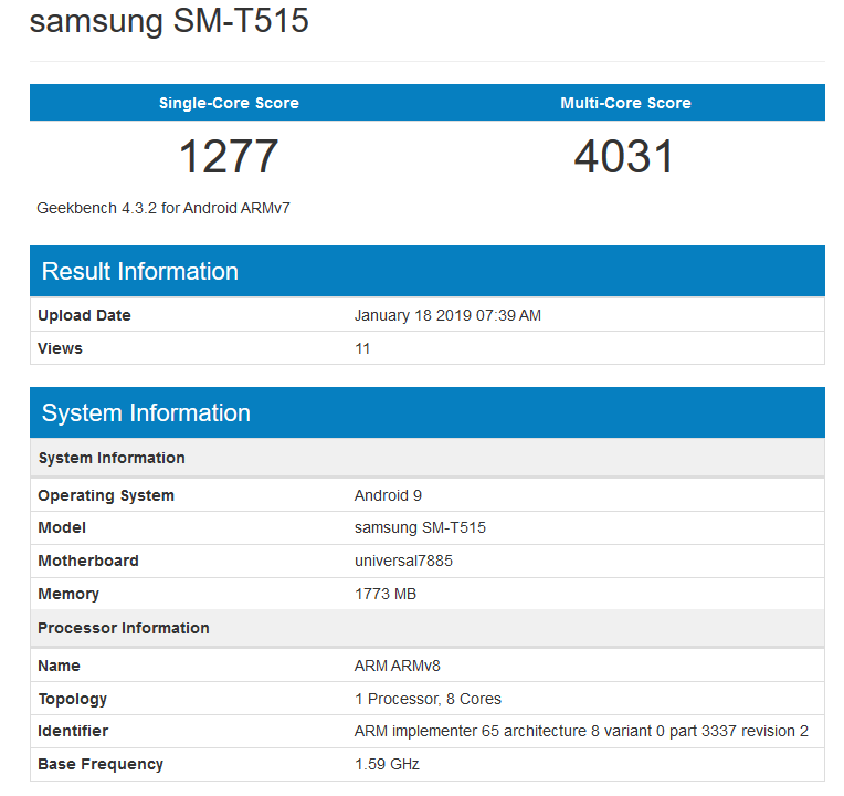 Samsung's upcoming SM-T515 tablet makes an appearance on Geekbench, Exynos 7885 in tow ...