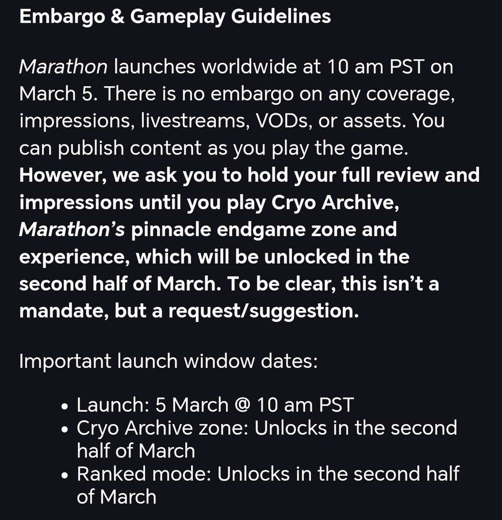 Bungie asks sites to delay Marathon reviews, with release date Steam ...