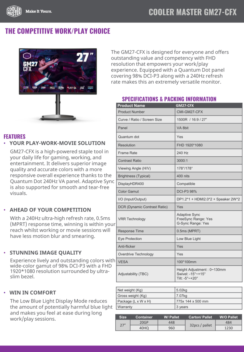 Cooler Master launches GM27-CFX and GM34-CWQ curved VA gaming monitors each with 98 percent DCI ...